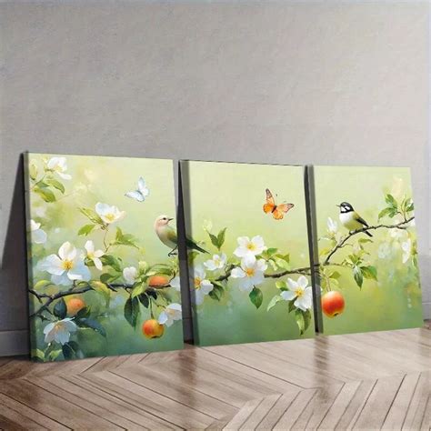 3pcs Bird On Branch Design Nature Flowers Wall Art Set Canvas Framed