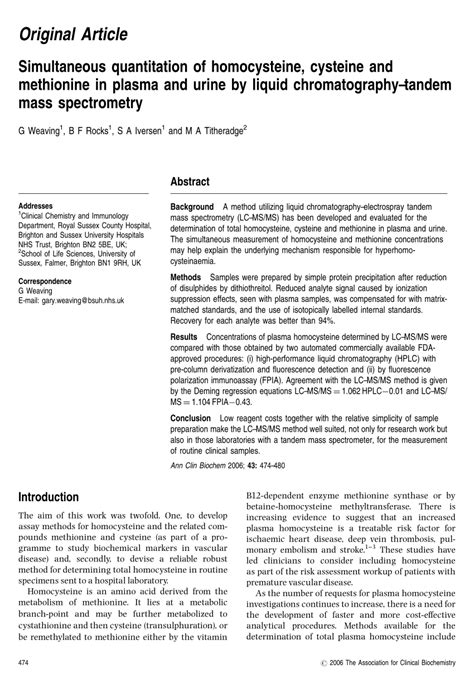 Pdf Simultaneous Quantitation Of Homocysteine Cysteine And Methionine In Plasma And Urine By