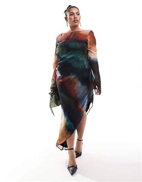 Asos Design Curve Robe Mi Longue En Mousseline à Imprimé Marbré Avec