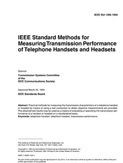 1206 1994 IEEE Standard Methods For Measuring Transmission Performance Of Telephone Handsets