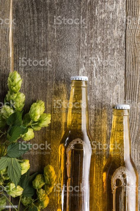 복사 공간이있는 나무 배경에 녹색 홉이있는 병에 맥주의 상단보기 0명에 대한 스톡 사진 및 기타 이미지 0명 Ale 녹색