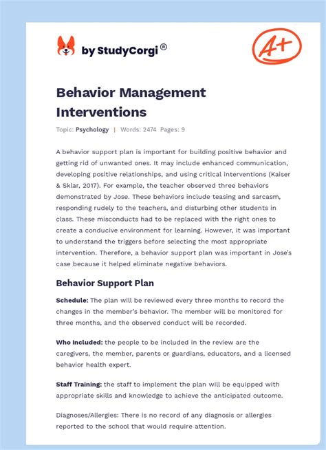 Behavior Management Interventions Free Essay Example