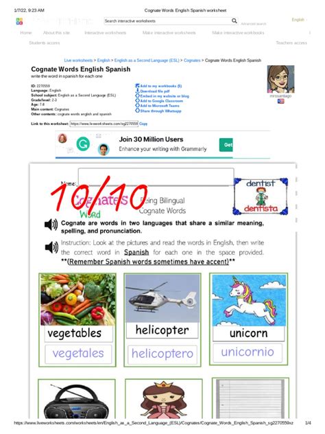 Cognate Words English Spanish Worksheet Pdf Worksheet