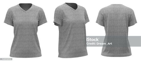 흰색 배경에 격리된 여성을 위한 흑백 하운드투스 패턴 티셔츠 전면 각도 및 후면보기 3d 렌더링 0명에 대한 스톡 사진 및 기타 이미지 Istock