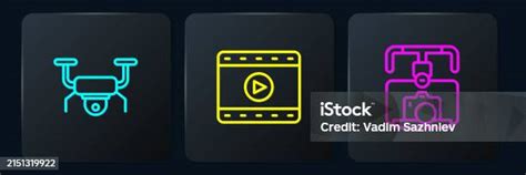 라인 드론 비행 카메라가 있는 짐벌 스태빌라이저 및 비디오 재생을 설정합니다 검은색 사각형 버튼입니다 벡터 감지기에 대한 스톡 벡터 아트 및 기타 이미지 Istock