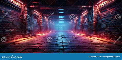 Futuristic Dark Corridor With Neon Lights And Brick Wall Stock