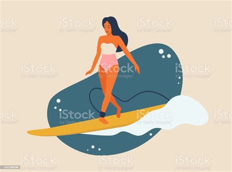 서핑 소녀 미니멀 벡터 일러스트 레이 션 서핑 보드에서 파도를 치는 여성과 함께 평면 스타일의 디지털 아트 롱보드를 타고 웃고 십자가 걸음을 내딛는 젊은 여성 서핑 수상