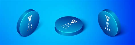 파란색 배경에 격리된 등색 화재 스프링클러 시스템 아이콘입니다 스프링클러 소화기 단단한 아이콘 파란색 원 버튼입니다 벡터 3차원