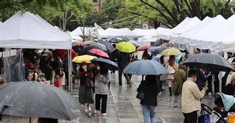 우산 쓰고 대학로 걷는 시민들