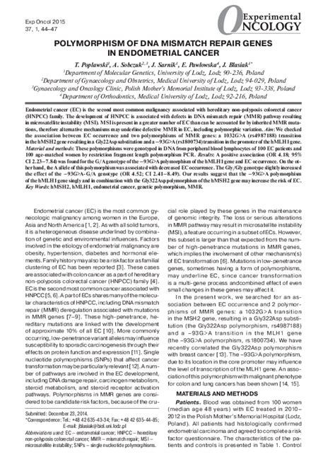 Pdf Polymorphism Of Dna Mismatch Repair Genes In Endometrial Cancer
