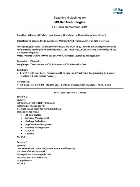 Teaching Guidelines For Note Each Session Is Of 2 Hours Pdf