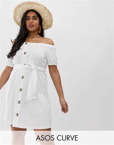 Asos Design Curve Button Through Bardot Slub Sundress Asos