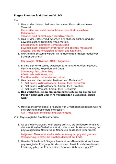 Fragenkatalog 1 5 Emotion Motivation Fragen Emotion Motivation VL 1