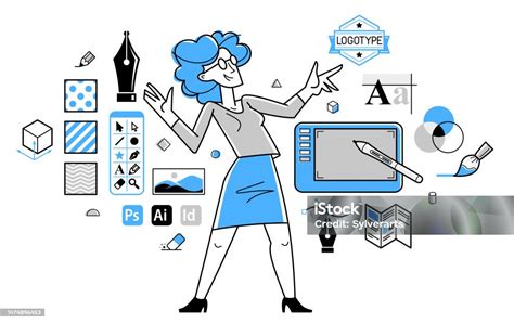 컴퓨터 소프트웨어를 사용하여 창의적인 작업을 하는 그래픽 디자이너 프로젝트 벡터 개요 일러스트레이션 구성 및 편집을 작업하는 디지털 비주얼 아티스트 건설 현장에 대한 스톡