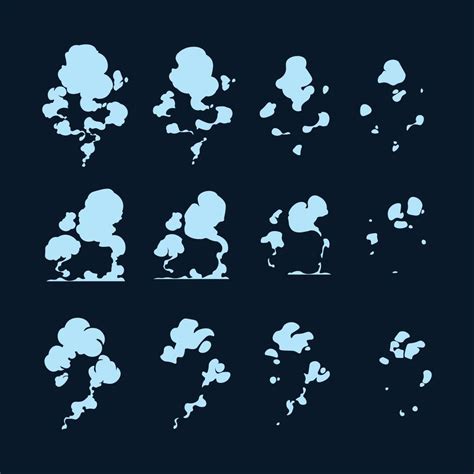 Smoke sprite effect. Cartoon dust cloud game animation asset, steam blast and fog dissipation 2D ...