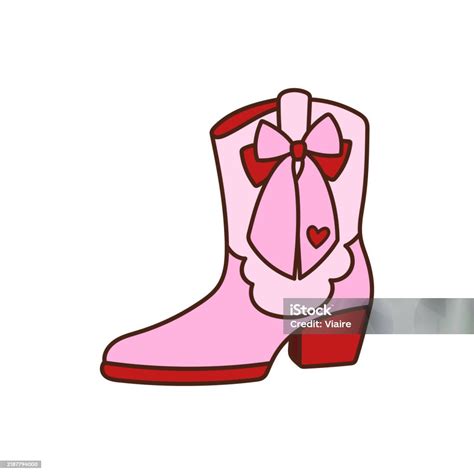카우걸 부츠 서양 신발 장식 요염 핑크 리본 하트 복고풍 미적 여성 신발 와일드 웨스트 클립 아트 흰색 배경에 고립 된 벡터 일러스트 레이 션 0명에 대한 스톡 벡터 아트
