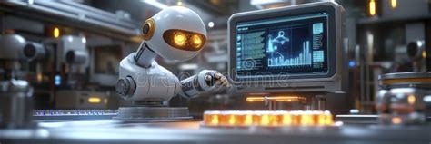 cute robot interacting with digital control panel stock illustration