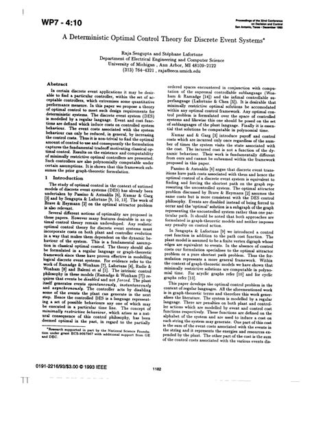 Pdf A Deterministic Optimal Control Theory For Discrete Event Systems