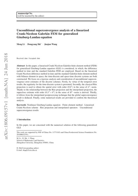 Pdf Unconditional Superconvergence Analysis Of A Linearized Crank Nicolson Galerkin Fem For