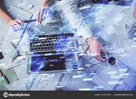 Double Exposure Of Man And Woman Working Together And Technology Theme