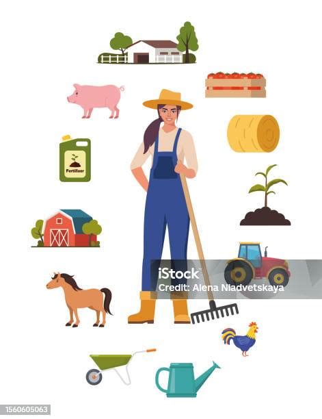 농부 캐릭터와 다양한 농장 요소 여자 농부 헛간 말 비료 건초 더미 카트 작물 갈퀴 물을 수 있습니다 식물 팜 테마의 요소 집합입니다 벡터 그림입니다 농부에 대한 스톡 벡터