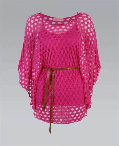 Krisp Oversized 2 In 1 Belted Pink Crochet Batwing Top Tops From