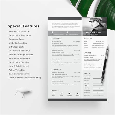 Editable Resume CV Template Custom Cover Letter Instant Digital Download Canva Template Clean