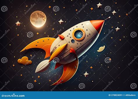 Cute Rocket Ship Floating In The Night Sky With Stars And Moon Visible