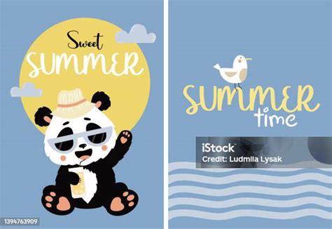 칵테일과 갈매기가있는 선글라스에 귀여운 팬더 달콤한 여름과 여름 시간 여름 카드 세트 벡터 일러스트레이션 귀여운 아기 컬렉션 디자인 인쇄 및 장식 엽서 곰에 대한 스톡 벡터