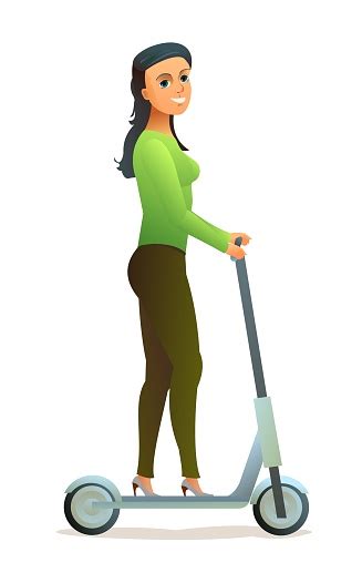 전기 스쿠터에 소녀 여자 운전 코믹 한 재미있는 사람 귀여운 만화 스타일 흰색 배경에 격리 벡터 교통수단에 대한 스톡 벡터 아트 및 기타 이미지 Istock