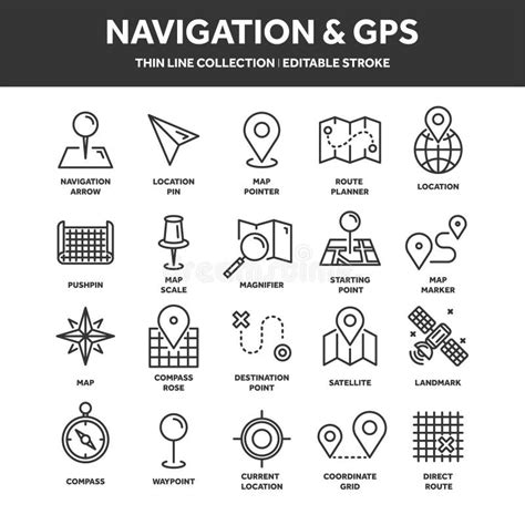Map And Navigation GPS Coordinates Location Icons Line Art Stock Vector Illustration Of