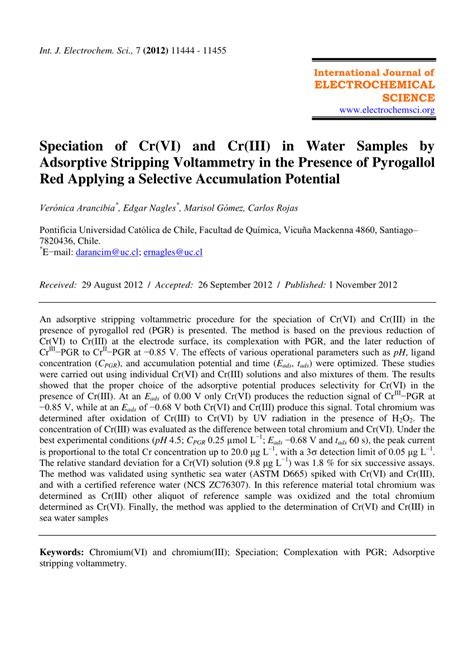 Pdf Speciation Of Crvi And Criii In Water Samples By Adsorptive