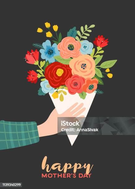 꽃 꽃다발과 어머니의 날 인사말 카드입니다 행복 한 어머니의 날 꽃 배너입니다 최고의 엄마 포스터 전단지 봄 축 하 미니 멀 디자인 벡터 일러스트 꽃 식물에 대한 스톡 벡터