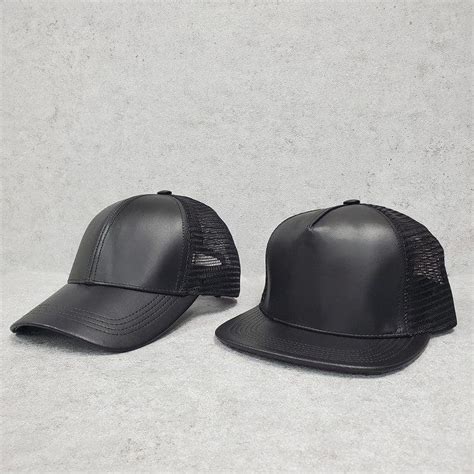 Black Leather High Profile Mesh Cap Winner Caps Mfg Company