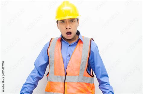 Stressed Over Work Concept Illustrated By Asian Male Construction Worker In Blue Shirt Orange