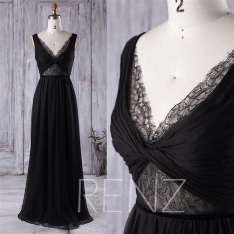 Black Chiffon Bridesmaid Dress Long V Neck Lace Wedding Dress V Back Prom Dress Women