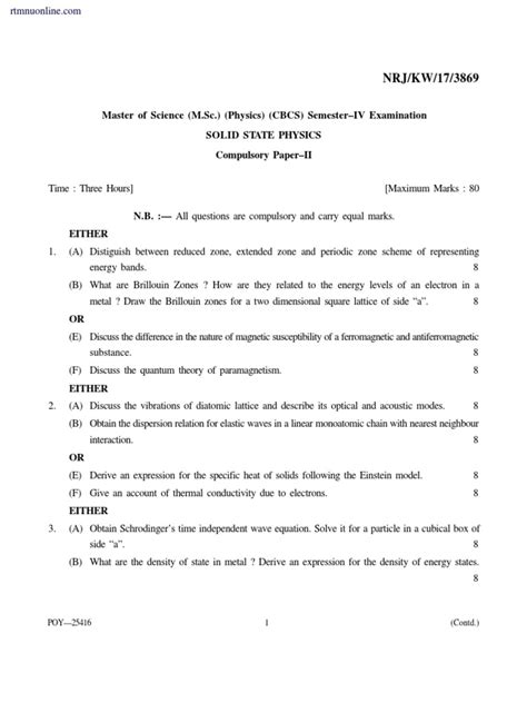 Master Of Science Msc Physics Cbcs Semester Iv Examination