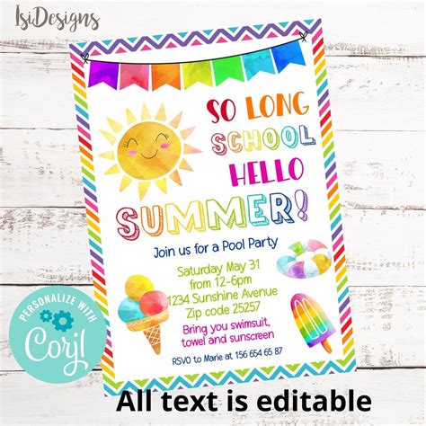 Editable End Of School Party Invitation Hello Summer Schools Out