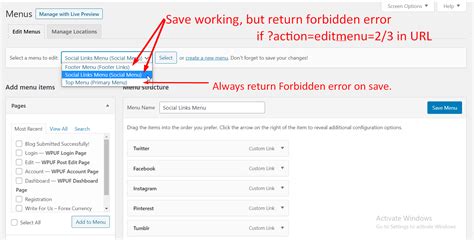Php Wordpress 403 Forbidden Error Only For Specific Menu Stack Overflow