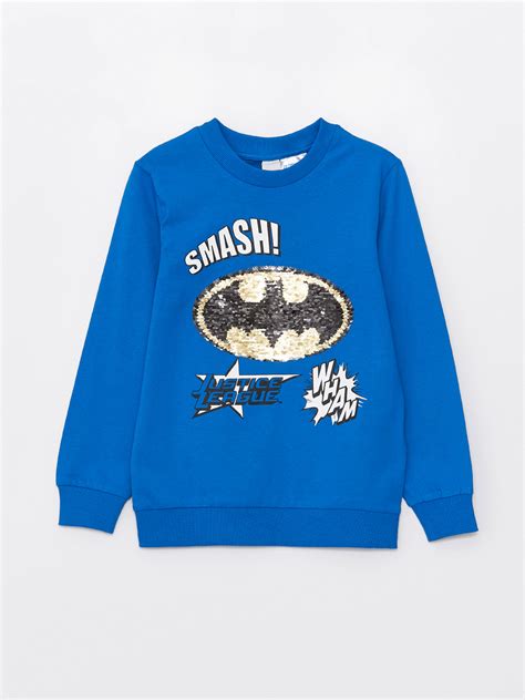 Mavi Bisiklet Yaka Superman ve Batman Çift Yönlü Payetli Uzun Kollu Pamuklu Erkek Çocuk Tişört