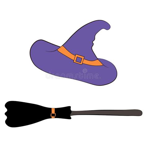 Cute Vector Set Illustrations Halloween Witch Attributes Hat Broom