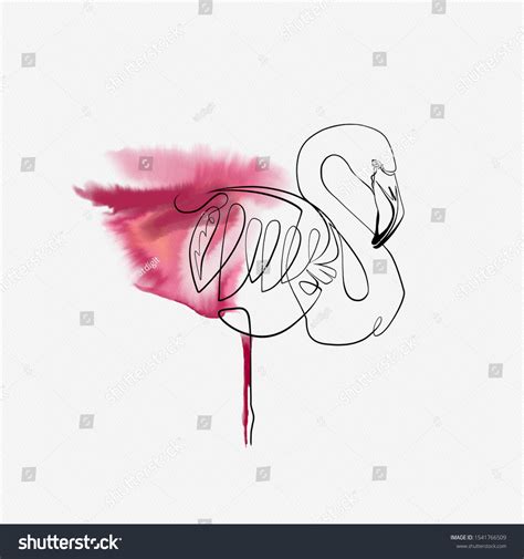 Flamingo Continuous Line Drawing Watercolor Splash Stock Illustration