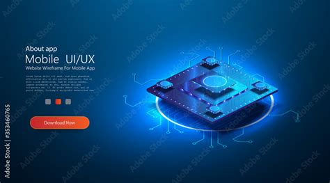 futuristic microchip processor with lights on the blue background