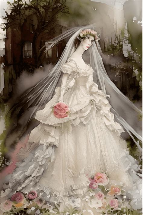 Beautiful Cute Watercolor Of Dreamy Victorian Bride And Groom