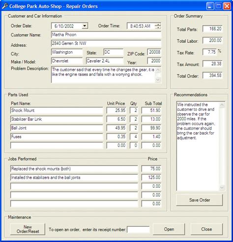 Adonet Example Applications College Park Auto Shop