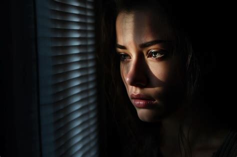 Dramatic Portrait Of Woman Crying At Night Dark Window Low Key