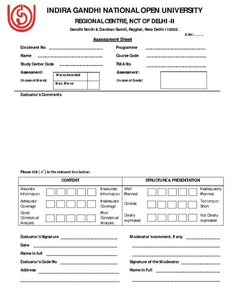 164603834 Ignou Assessment Sheet Indira Gandhi National Open University Regional Centre Nct