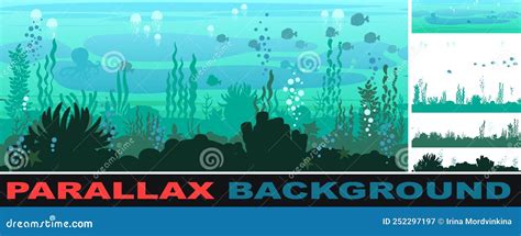 Bottom Of Reservoir With Fish Set Parallax Effect Silhouette Blue