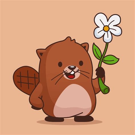 흰 꽃 그림을 들고 귀여운 비버 만화 프리미엄 벡터