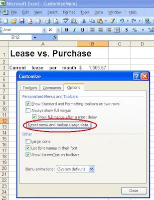 MS Excel Reset The Menus